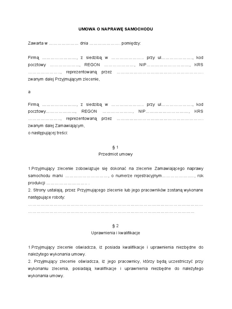 Wzór umowy o naprawę samochodu | PDF