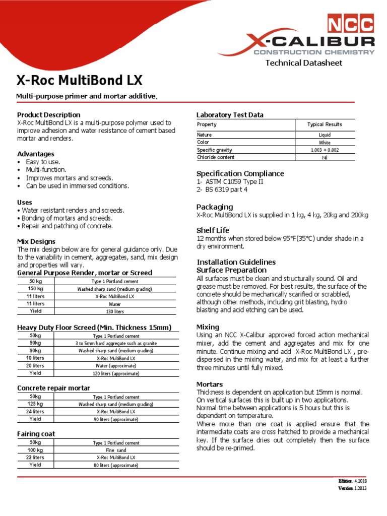 X-Roc Multibond LX: Multi-Purpose Primer and Mortar Additive | PDF | Mortar (Masonry) | Concrete