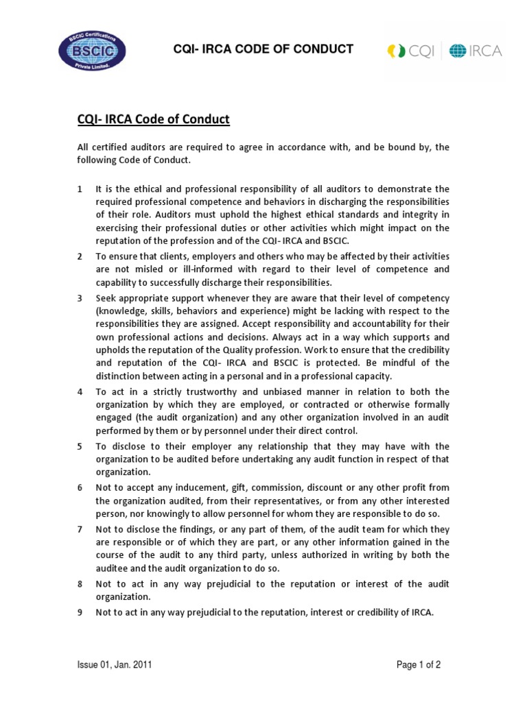 CQI-IRCA Auditor Code of Conduct | PDF | Audit | Competence (Human ...