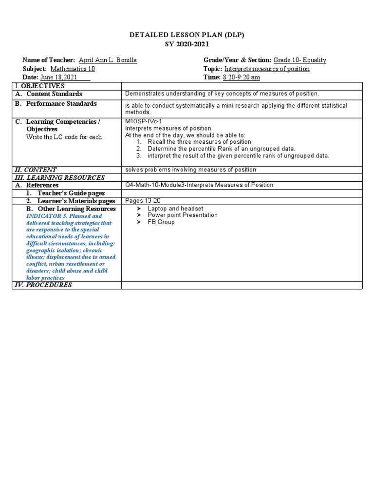 Interpreting Measures of Position: A Detailed Lesson Plan on ...