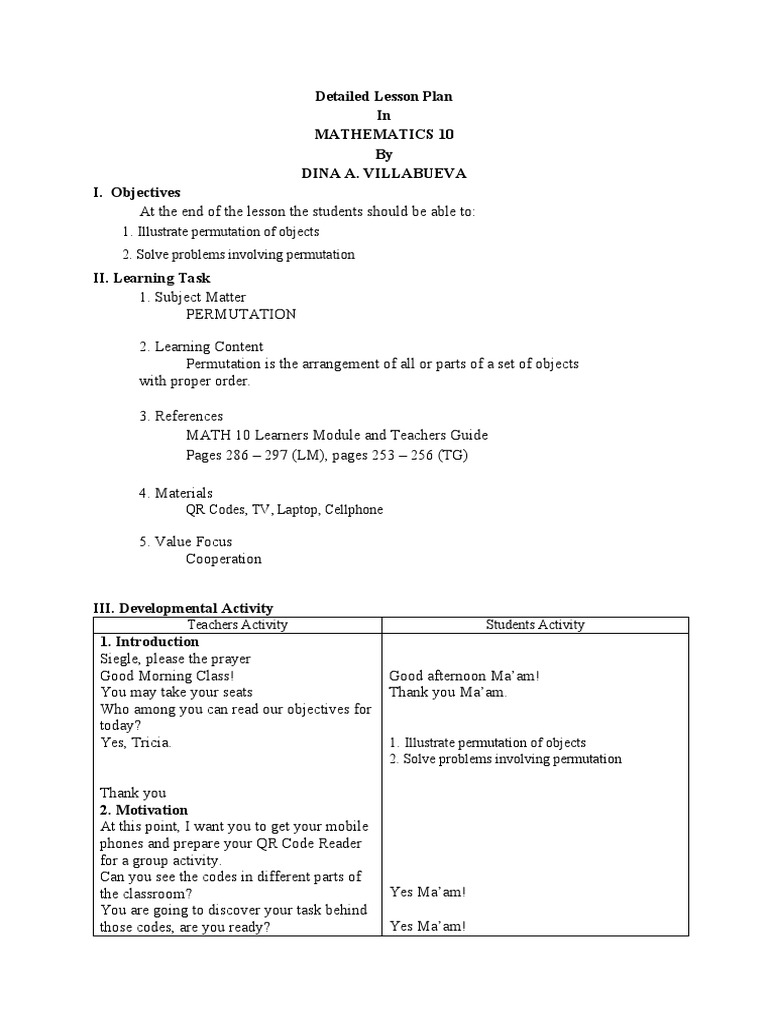 Detailed Lesson Plan in Mathematics 10 by Dina A. Villabueva I ...