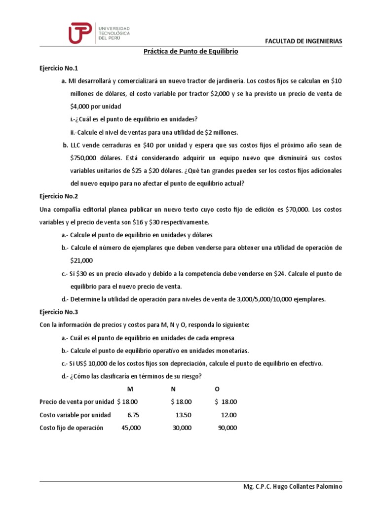 Ejercicios Punto de Equilibrio y Apalancamiento - Clase | PDF | Economias