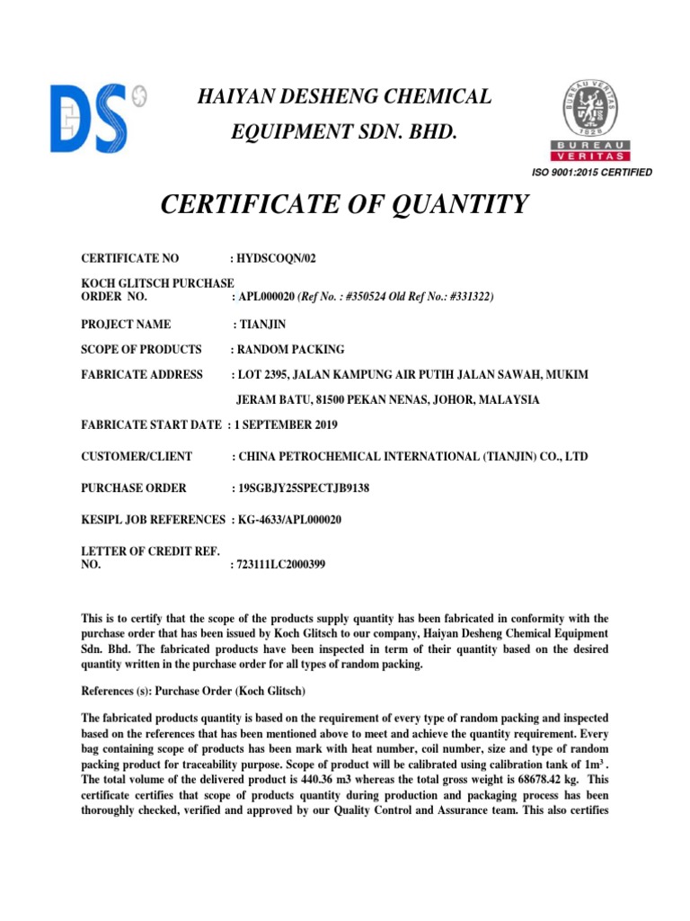 Certificate of Quantity (RP) | PDF | Business Process | Business