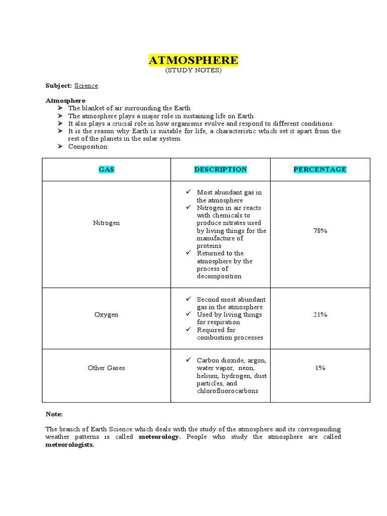 Atmosphere - Study Notes | PDF | Atmosphere Of Earth | Atmosphere