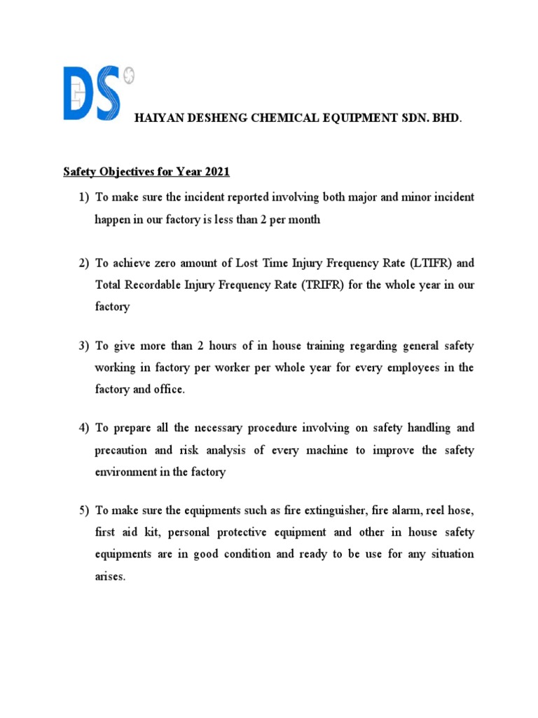 Safety Objectives 2021 | PDF