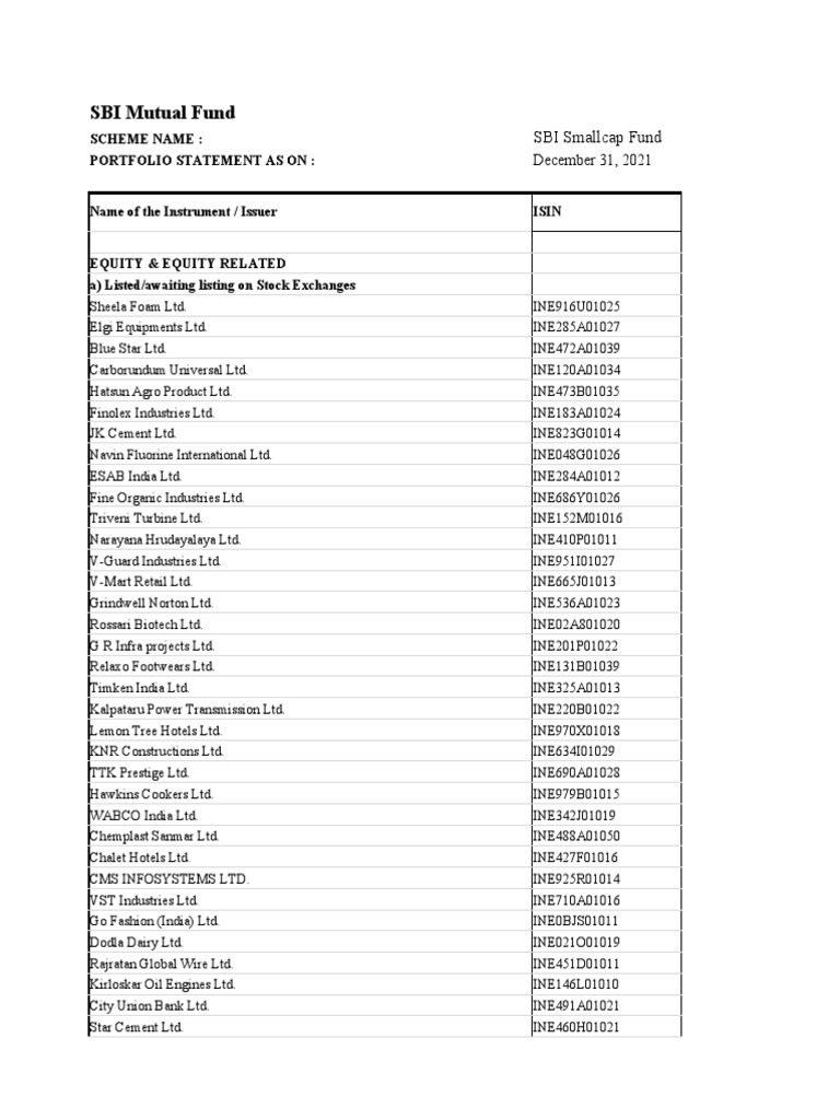 Sbi Small Cap Fund Portfolio (December-2021-329-1) | PDF | Securities ...