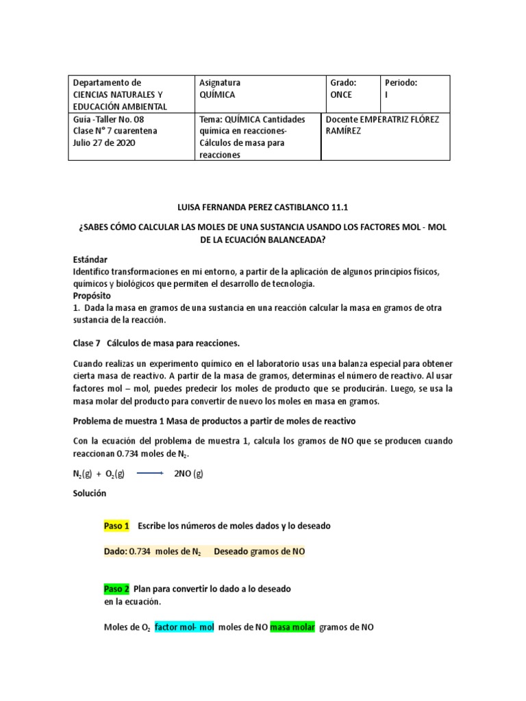 Clase 8 Grado 11 Relaciones Molares en Ecuaciones Químicas | PDF | Mole ...