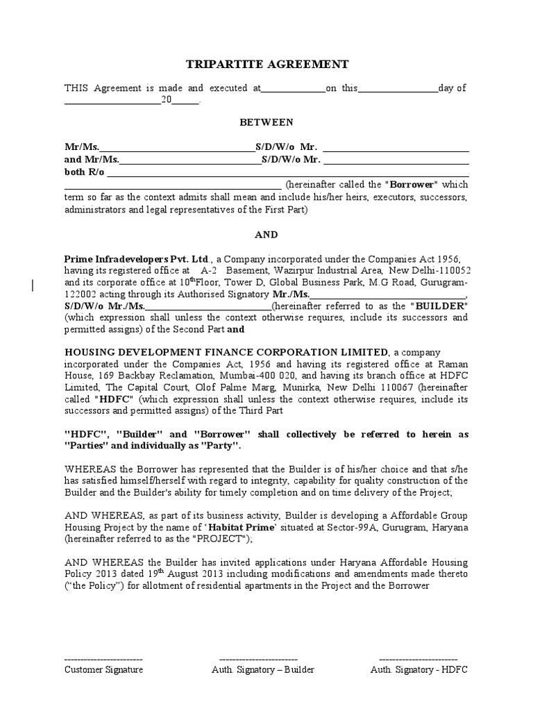 Tripartite Agreement for Home Loan Financing, Project Allotment, and ...