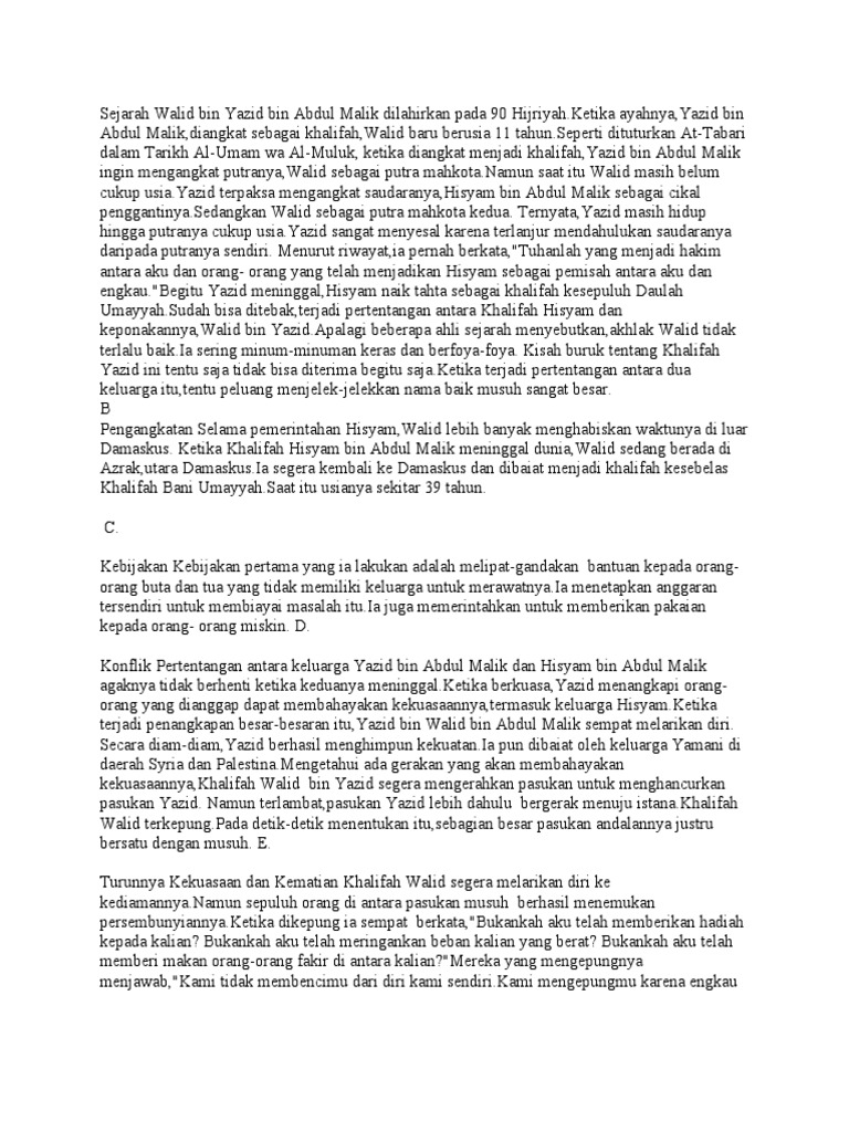 Sejarah Walid Bin Yazid Bin Abdul Malik Dilahirkan Pada 90 Hijriyah | PDF