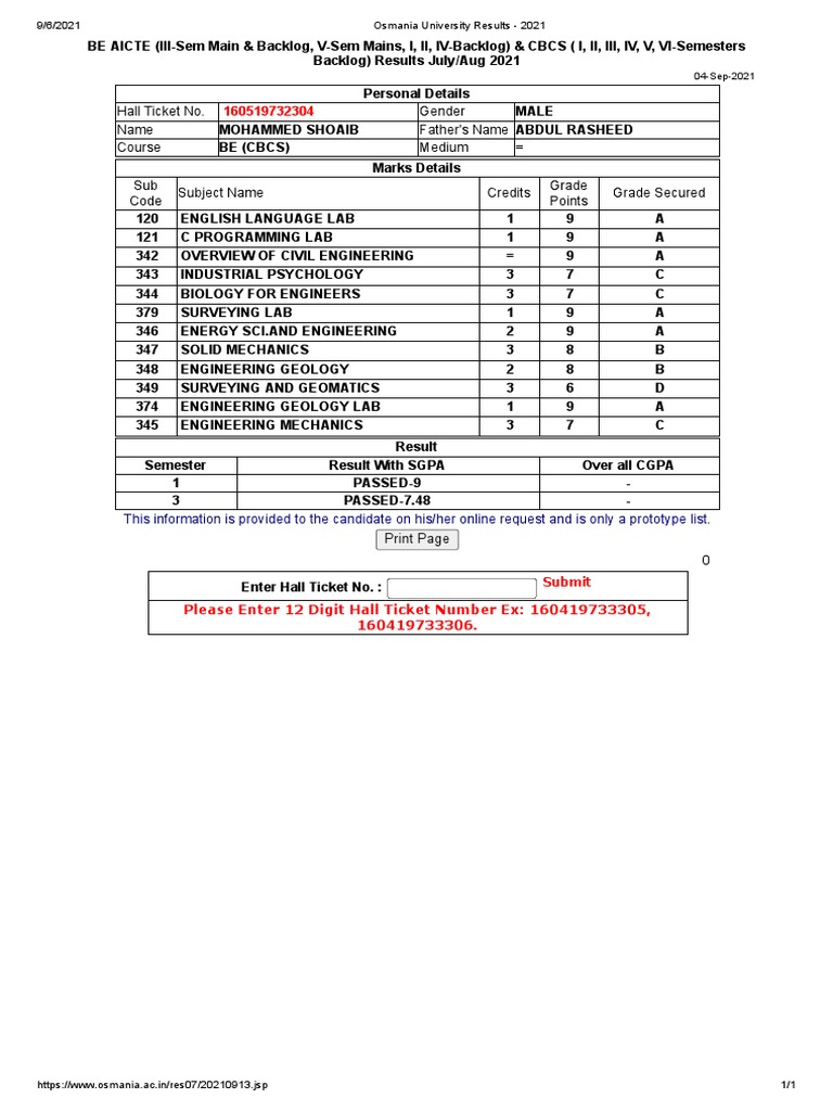 Osmania University BE (CBCS) Results for Mohammed Shoaib with Hall ...