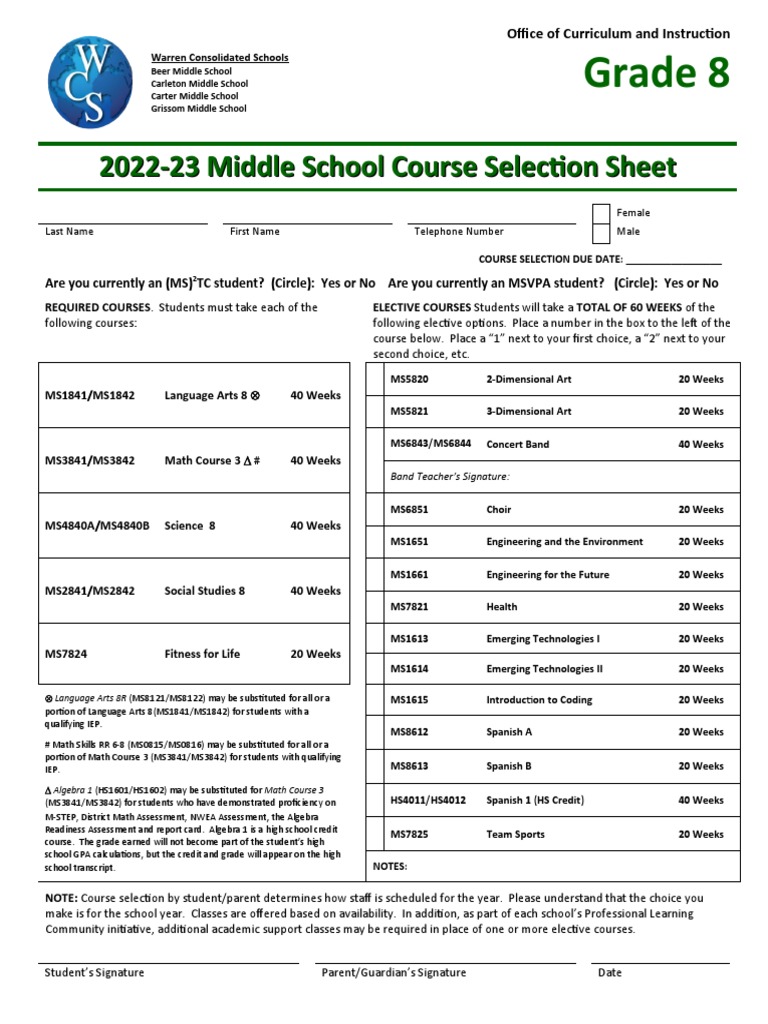 2022 23 Grade 8 Selection Card PDF Middle Schools Individualized