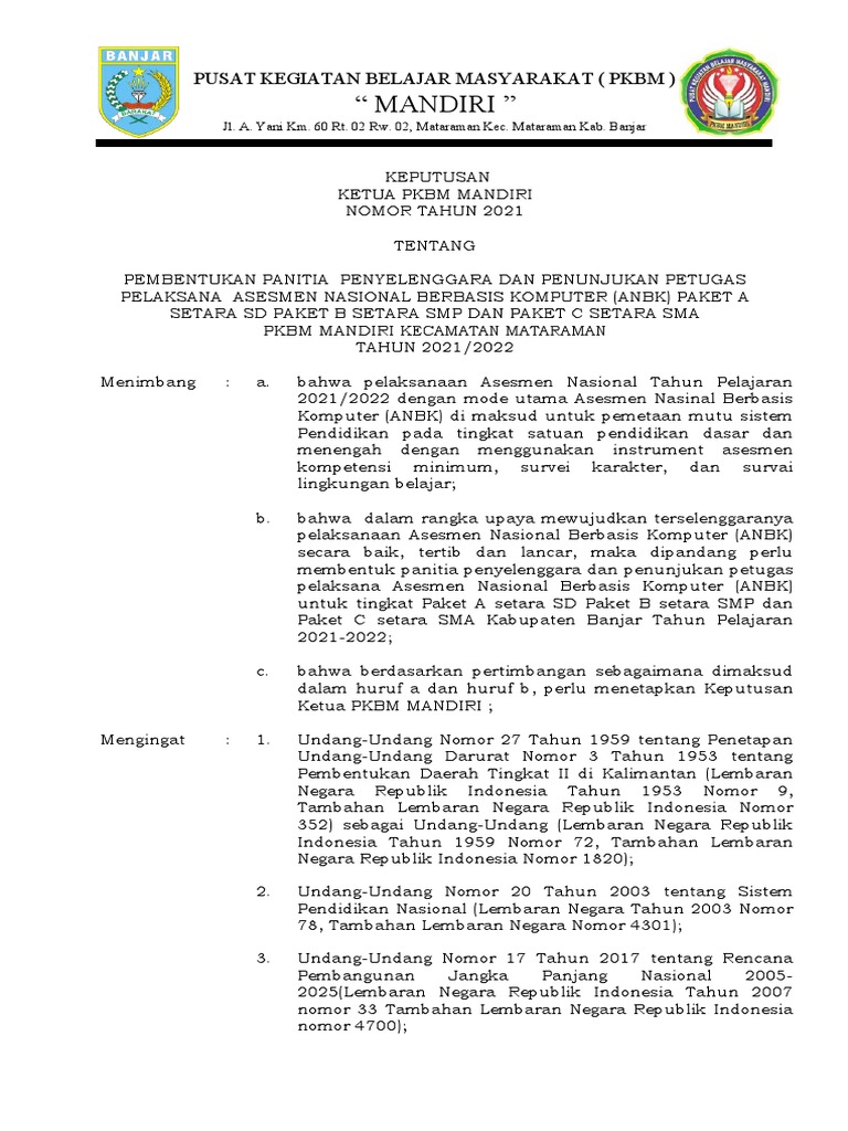 Contoh SK PKBM Al-Muhajirin Tahun 2021 | PDF