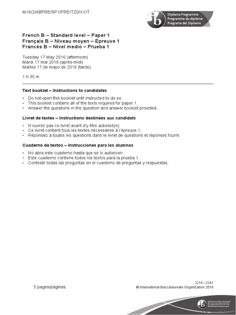 French B Paper 1 Text Booklet SL French | PDF | Multilinguisme | Montréal