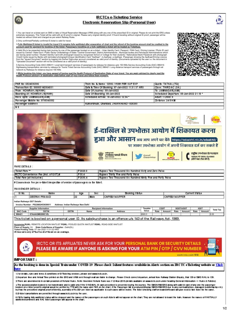 Irctcs E-Ticketing Service Electronic Reservation Slip (Personal User) | PDF | Identity Document ...