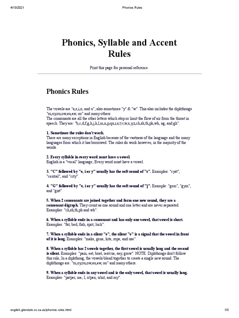 Phonics, Syllable and Accent Rules | PDF | Stress (Linguistics) | Syllable