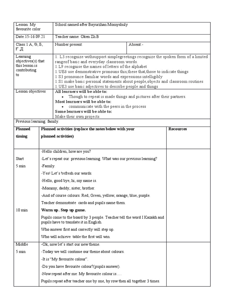 Grade 1 Lesson: My Favourite Colour | PDF | Learning | Educational ...
