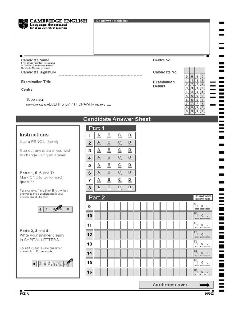 FCE Answer Sheets | PDF