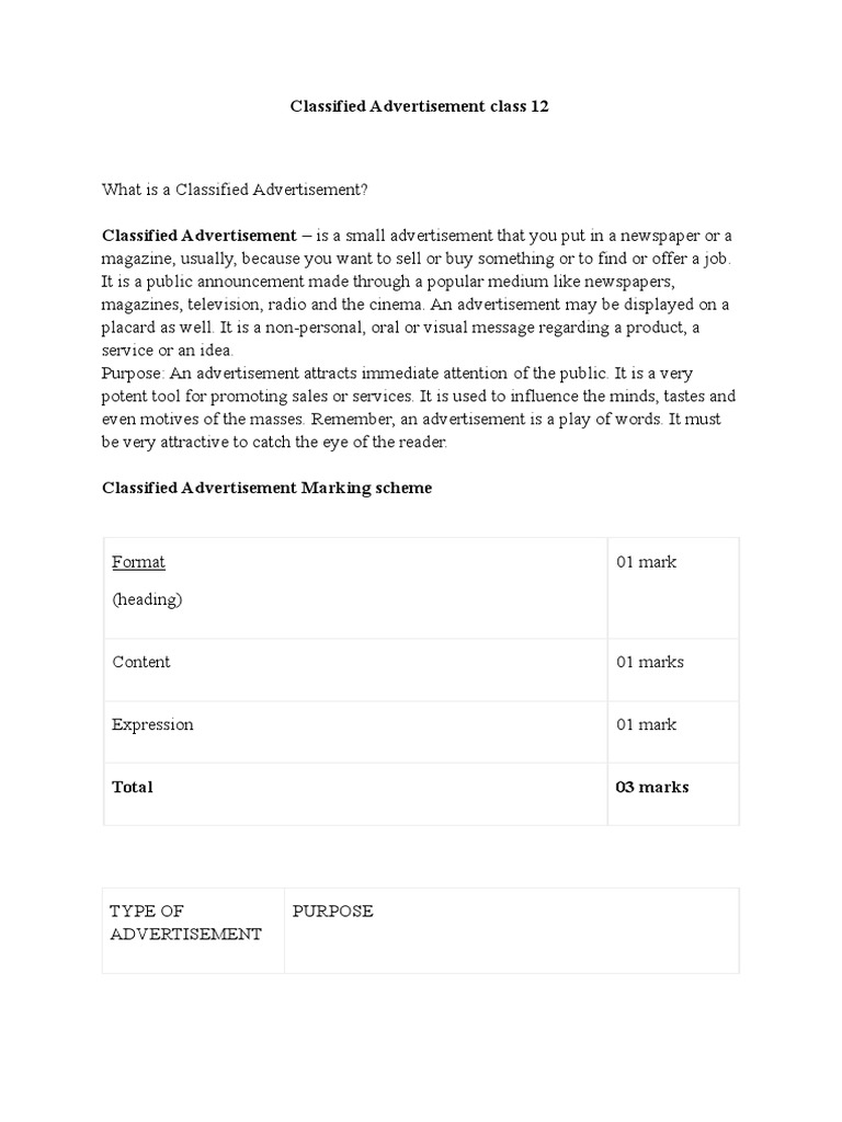 Classified Advertisement Class 12 | PDF | Advertising | Communication