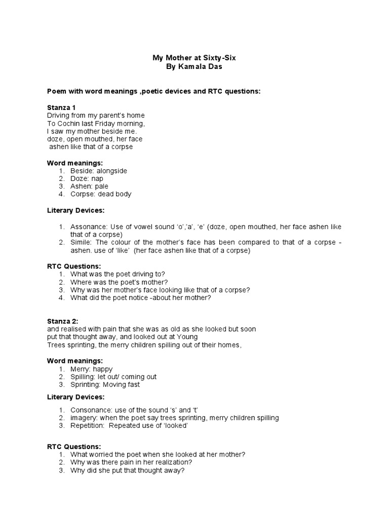 My Mother at Sixty-Six by Kamala Das: Poem With Word Meanings, Poetic ...