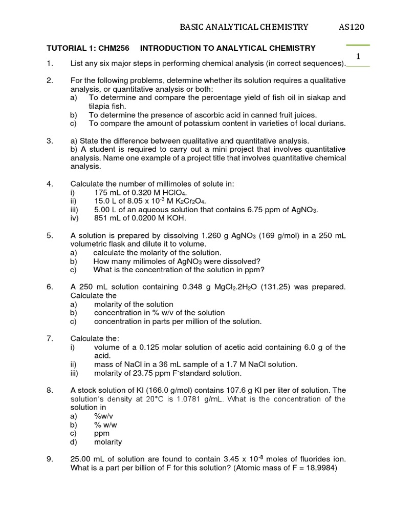 Tutorial 1 Chm256 | PDF | Mass Concentration (Chemistry) | Concentration
