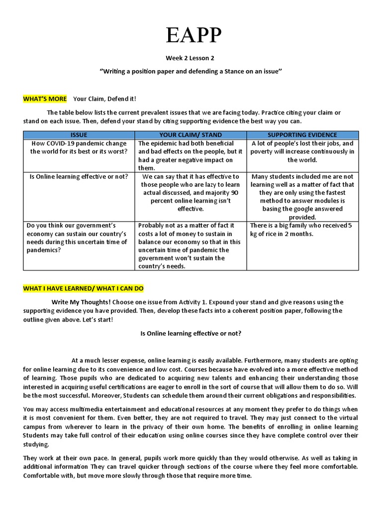 Writing and Defending a Position Paper | PDF | Argument | Educational ...