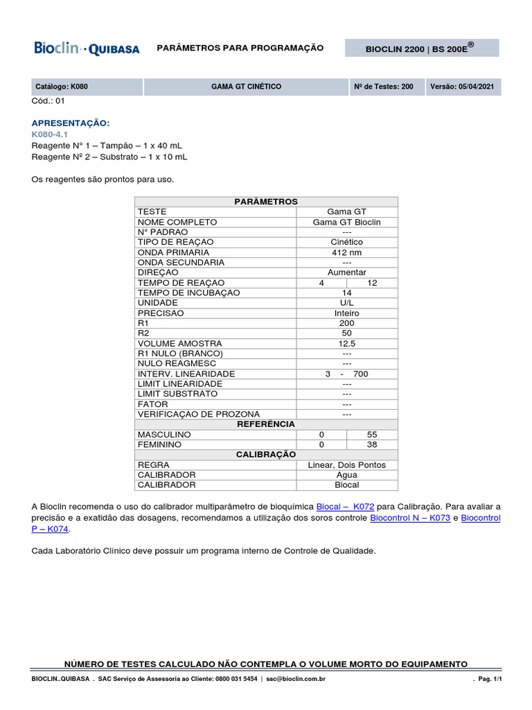 Programacao - Gama - GT - Cinetico - Dedicado - BS - 200e - Bioclin 2200 - 01 | PDF | Química ...