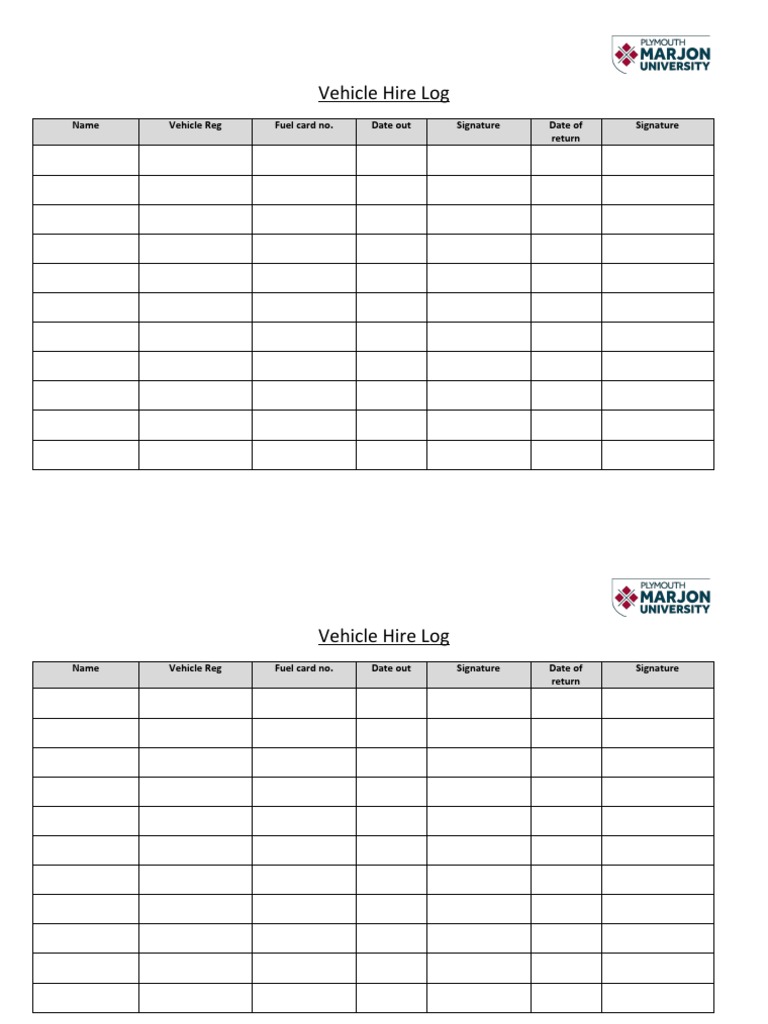 Vehicle Hire Log Template | PDF | Finance & Money Management | Law