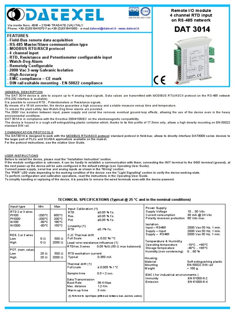 Remote I/O Module 4 Channel RTD Input On RS-485 Network: Datexel@datexel - It WWW - Datexel.it ...