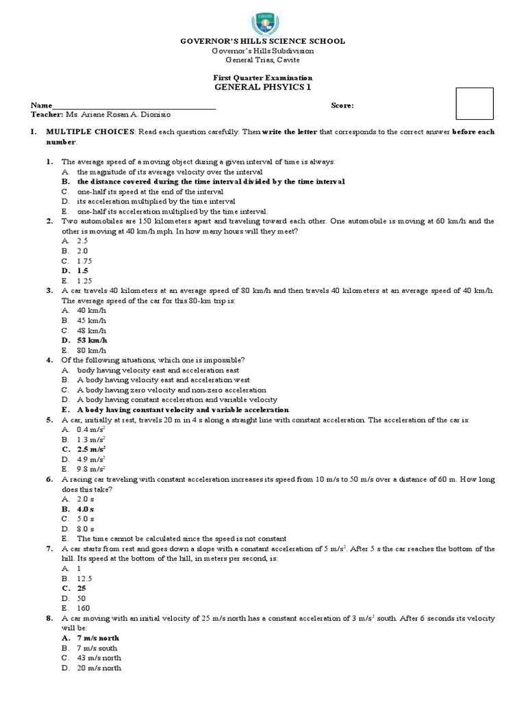 GEN PHYSICS 1 2nd QT Exam | PDF | Acceleration | Velocity