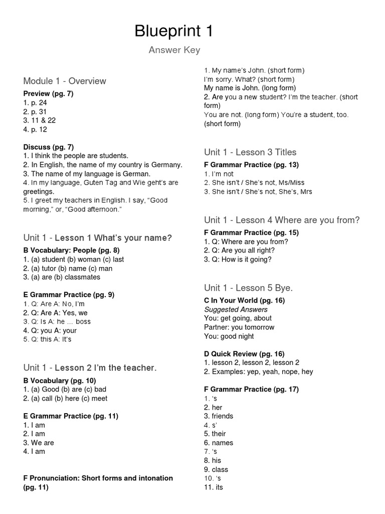 Blueprint 1 Answer Key Overview | PDF | Classroom | Menu