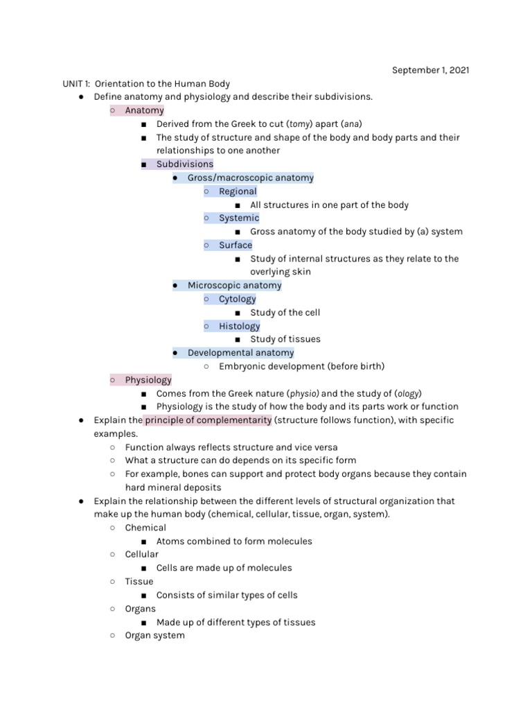 UNIT 1 - Orientation To The Human Body Study Guide | Download Free PDF ...