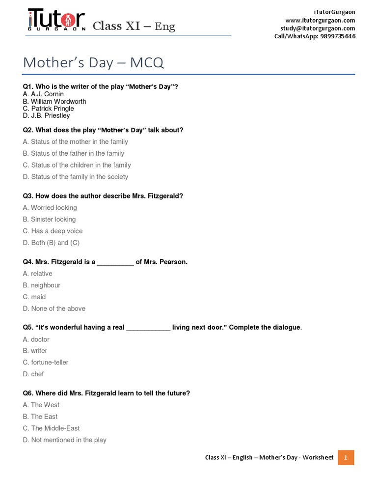 Mother's Day MCQ Worksheet: Comprehension Questions about J.B ...