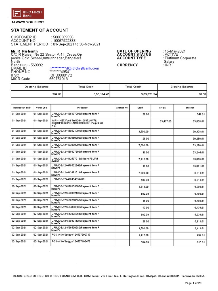 Statement of Account: Date of Opening Account Status Account Type ...