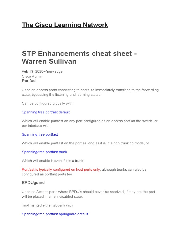 STP Enhancements Cheat Sheet UDLD Portfast Etc | PDF | Computing ...