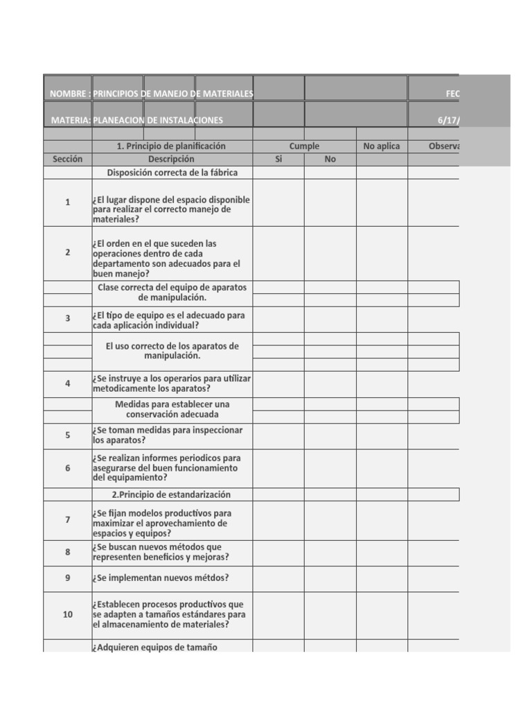 Check List Principios Manejo de Materiales | PDF | Factores humanos y ...