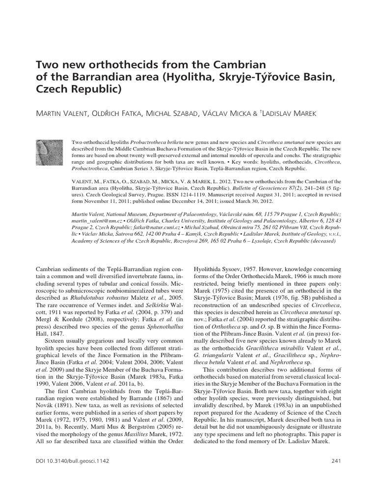Valent 2012 - Two New Orthothecids From The Cambrian of The Barrandian ...