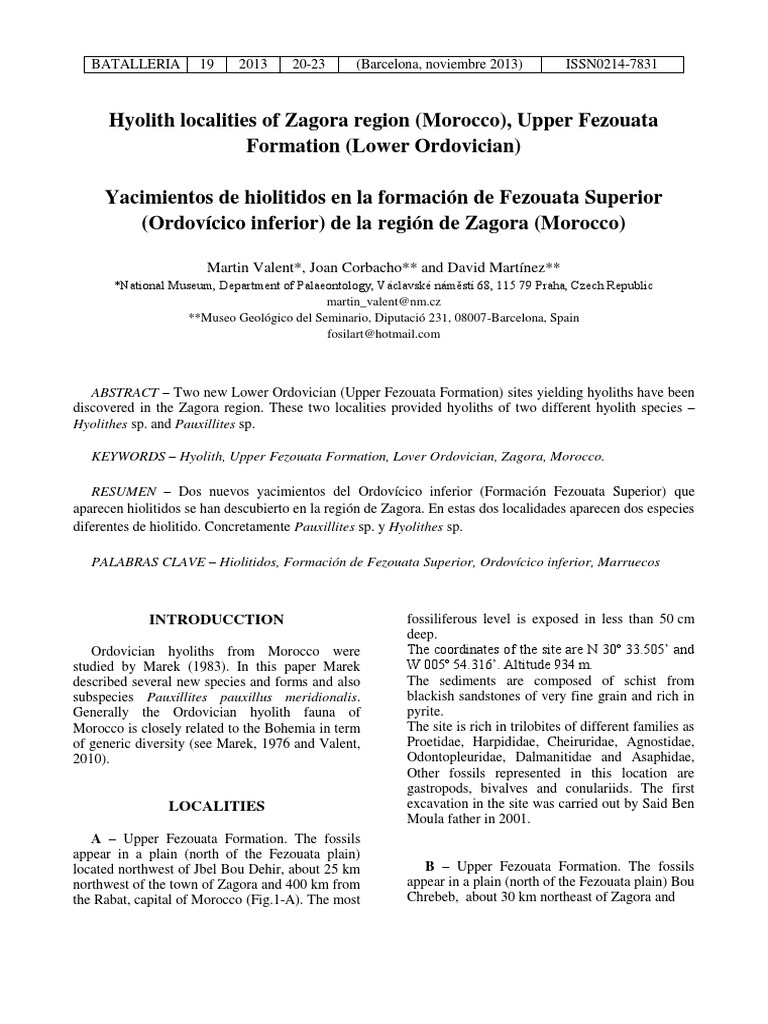 Valent 2013 - Hyolith Localities of Zagora Region (Morocco), Upper ...