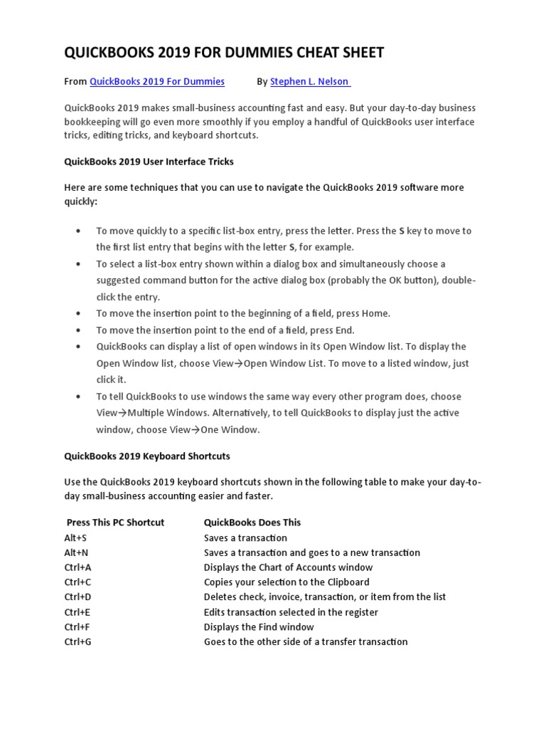 QuickBooks 2019 Cheat Sheet Guide | PDF | Financial Transaction | Quick ...