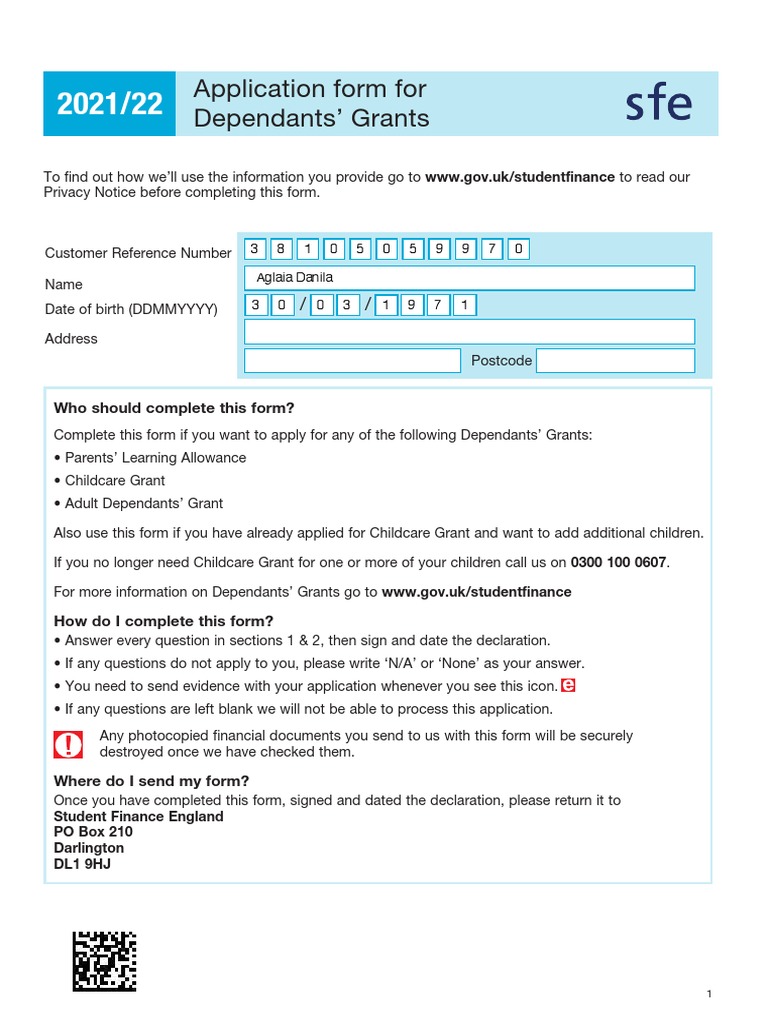 SFE Application For Dependants Grants Form 2122 DD | PDF | Pension ...