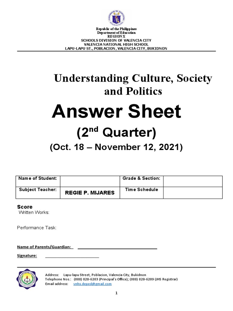 Answer Sheet UCSP 2nd Quarter | PDF | Deviance (Sociology) | Cognition