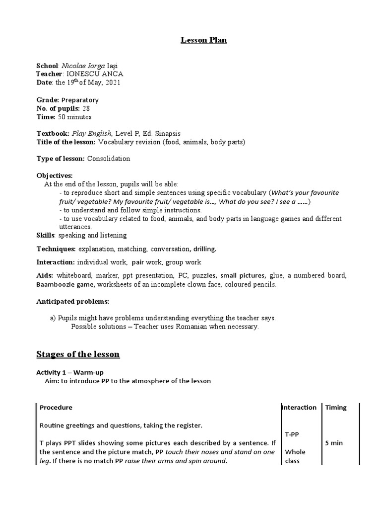 Lesson Plan - Preparatory - Consolidation | PDF | Lesson Plan ...