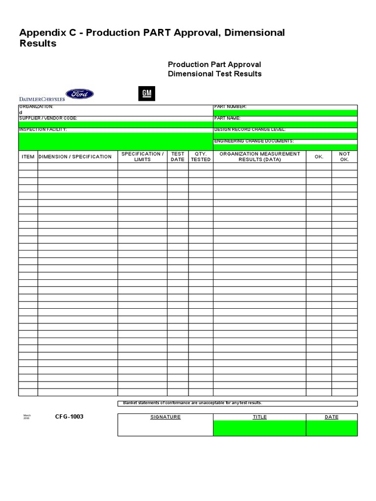Production Part Approval Dimensional Test Results | PDF