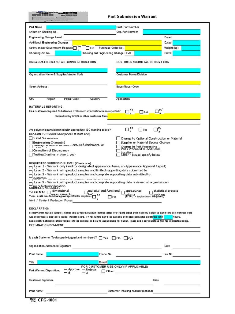 Part Submission Warrant: Organization Manufacturing Information ...