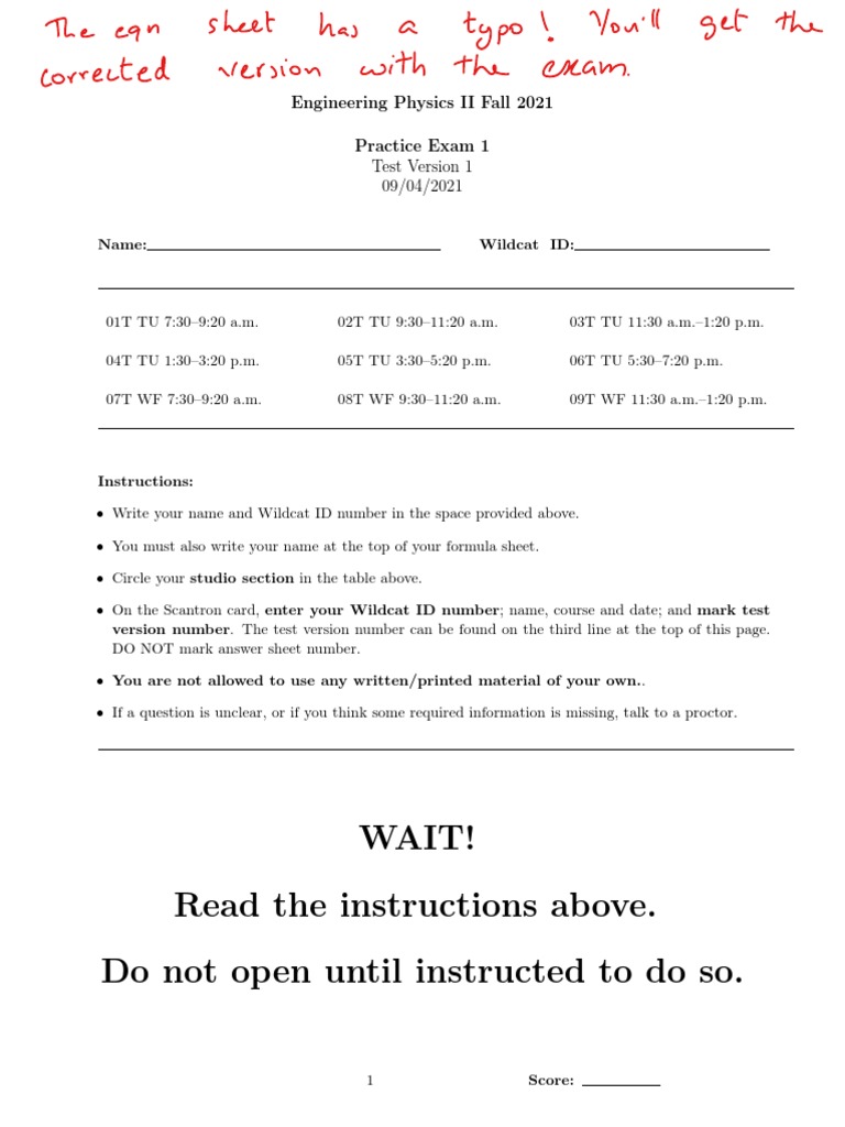 Practice Exam 1 Scantron Version 1 Solution Corrected | PDF | Electric ...