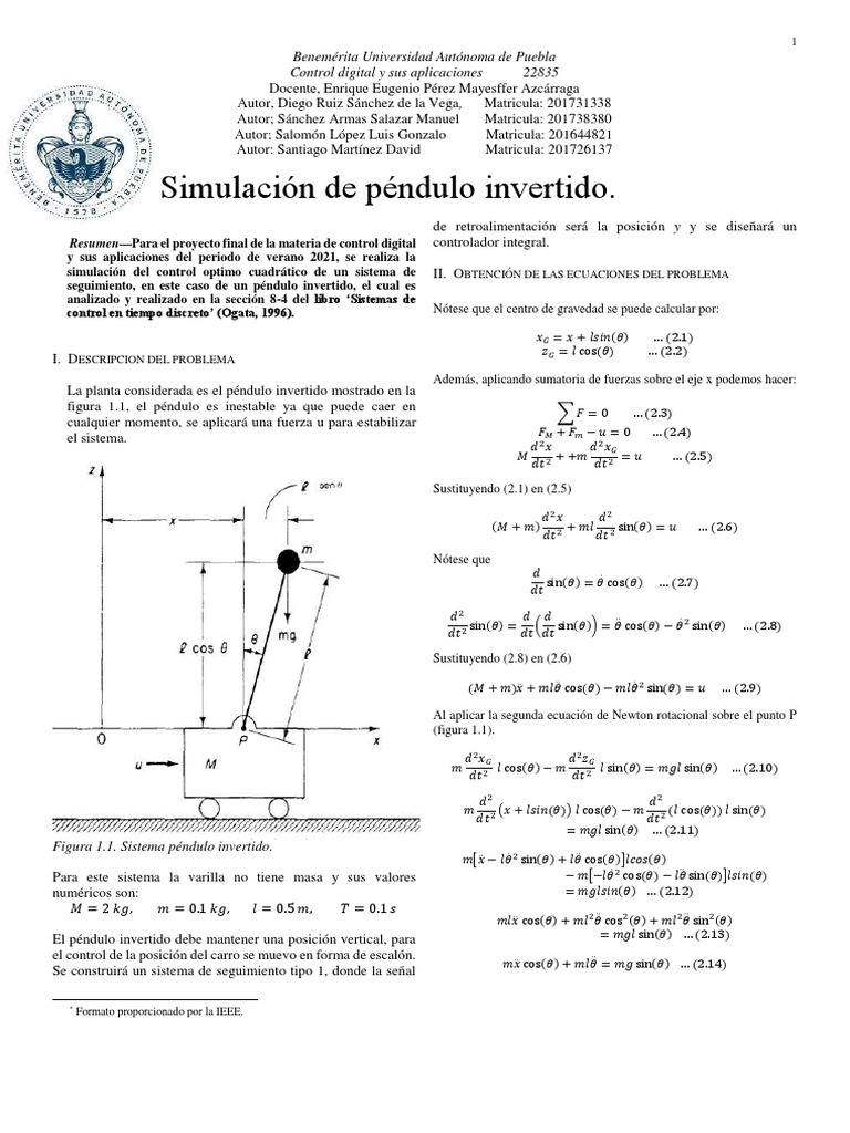 Pendulo Invertido | PDF | Matriz (Matemáticas) | Péndulo