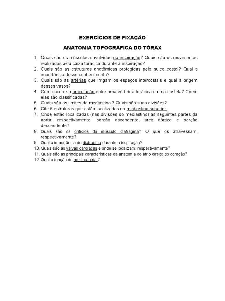 Exercícios Anatomaia Tórax | PDF