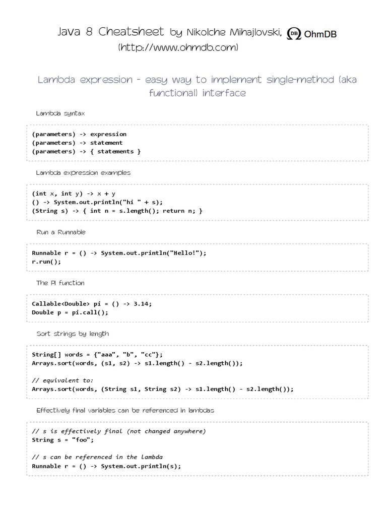 Cheat Sheets Java 8 Pdf Anonymous Function Method Computer