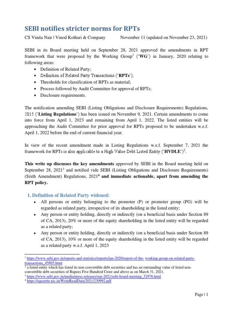 Sebi Notifies Stricter Norms For RPTS: 1. Definition of Related Party ...