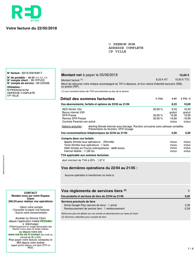Facture RED by SFR | PDF | Facture | Taxe sur la valeur ajoutée