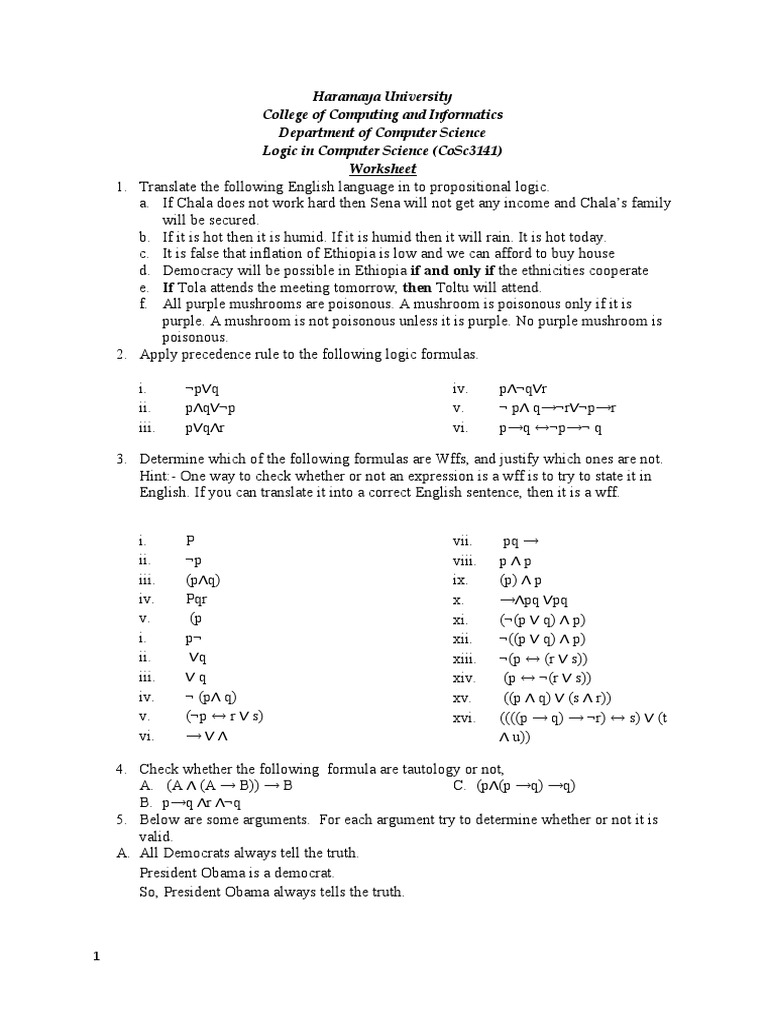 Haramaya University College of Computing and Informatics Department of Computer Science Logic in ...